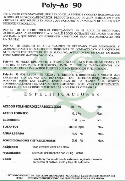 Poly AC 90 (Acidos Policarboxilicos) | Agroquimica Samet